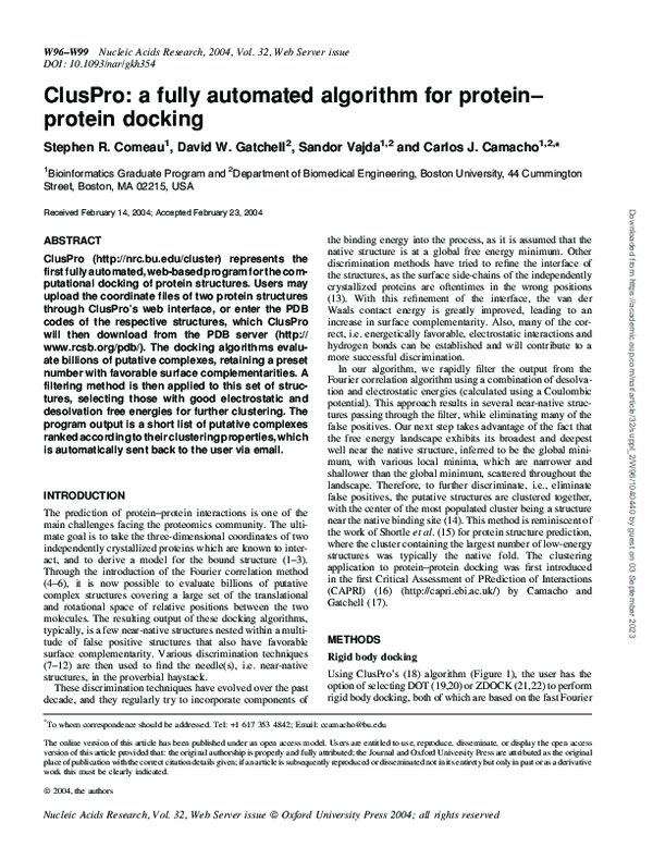 (PDF) ClusPro: a fully automated algorithm for protein-protein docking