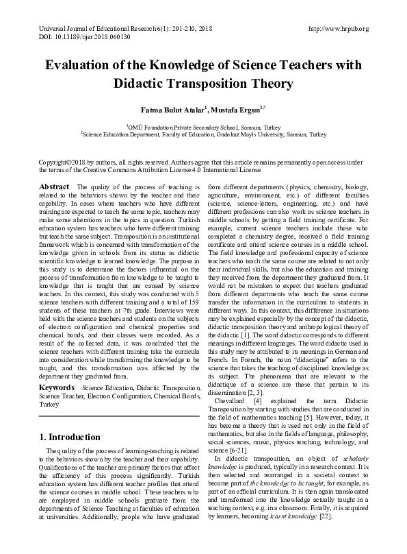 (PDF) Evaluation of the Knowledge of Science Teachers with Didactic Transposition Theory