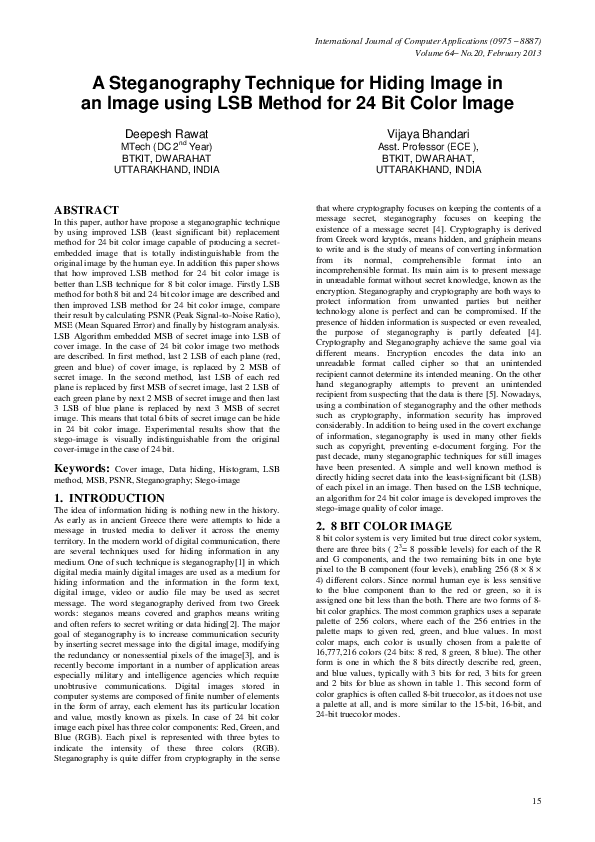 Pdf A Steganography Technique For Hiding Image In An Image Using Lsb Method For 24 Bit Color Image