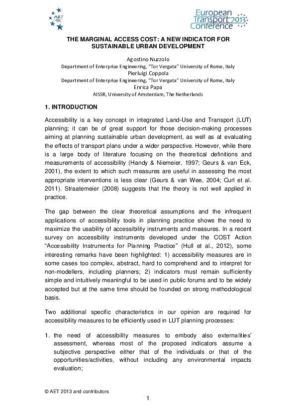 (PDF) The Marginal Access Cost: A New Indicator for Sustainable Urban ...