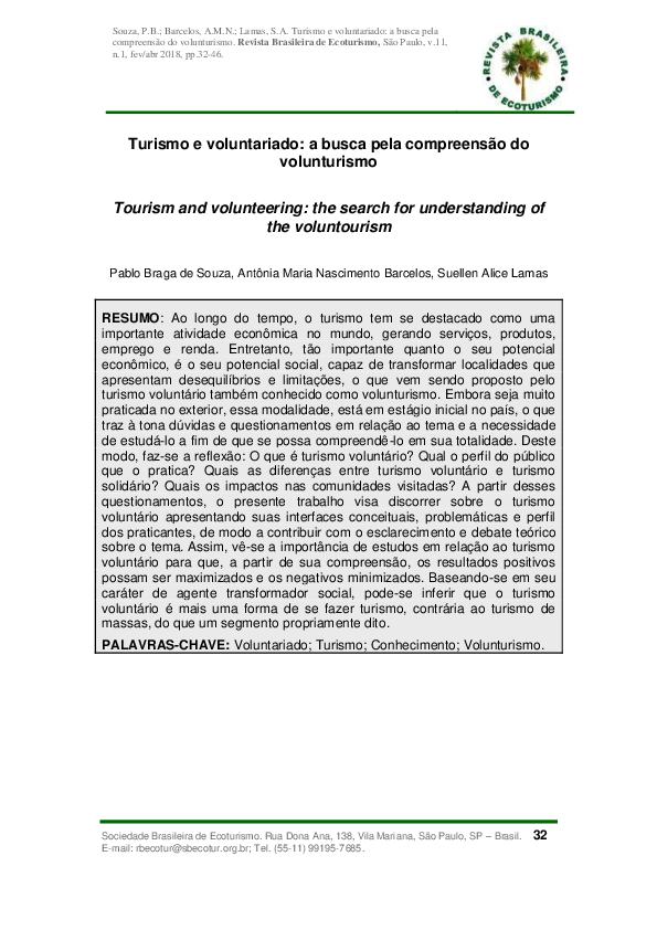 (PDF) Turismo e voluntariado: a busca pela compreensão do volunturismo | Suellen Lamas ...