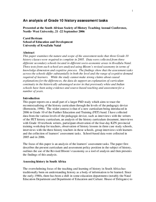 (PDF) An analysis of Grade 10 History assessment tasks | Carol Bertram ...