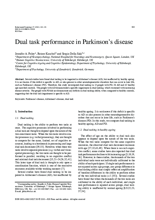 (PDF) Dual task performance in Parkinson's disease