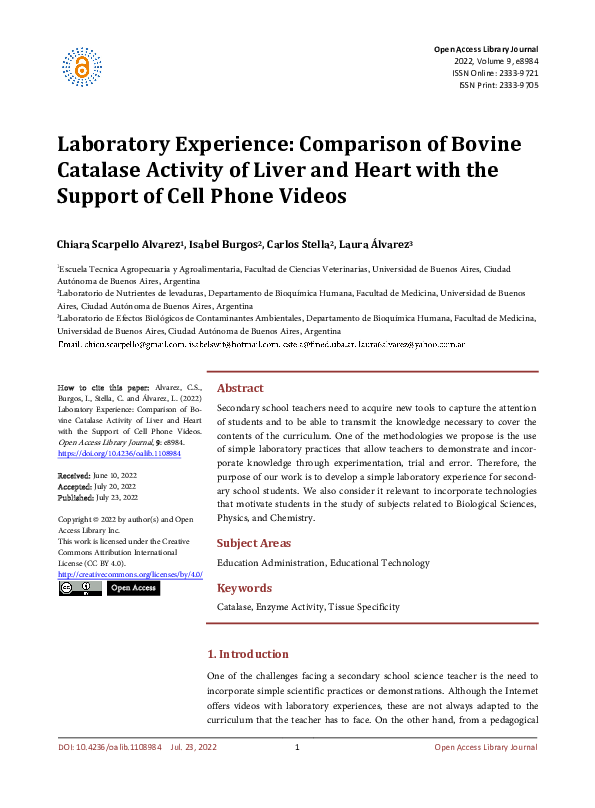 Laboratory Experience: Comparison of Bovine Catalase Activity of Liver ...