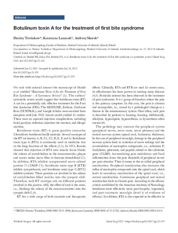 (PDF) Botulinum toxin A for the treatment of first bite syndrome