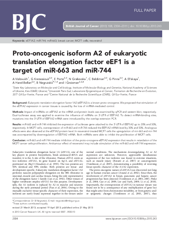 (PDF) Proto-oncogenic isoform A2 of eukaryotic translation elongation ...