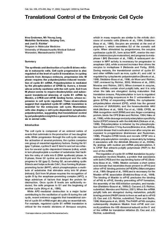 (PDF) Translational Control of the Embryonic Cell Cycle