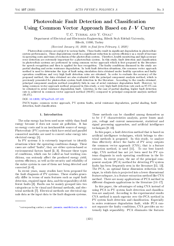 Pdf Photovoltaic Fault Detection And Classification Using Common Vector Approach Based On I V