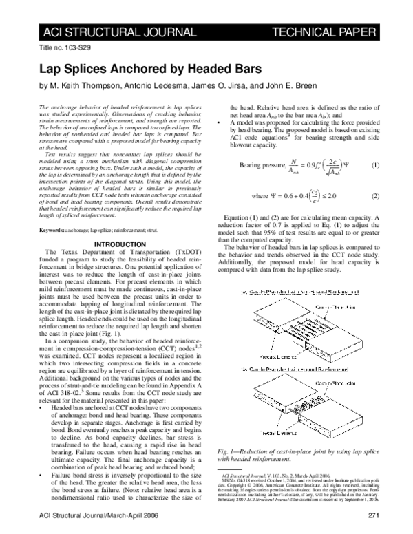 (PDF) Lap Splices Anchored by Headed Bars