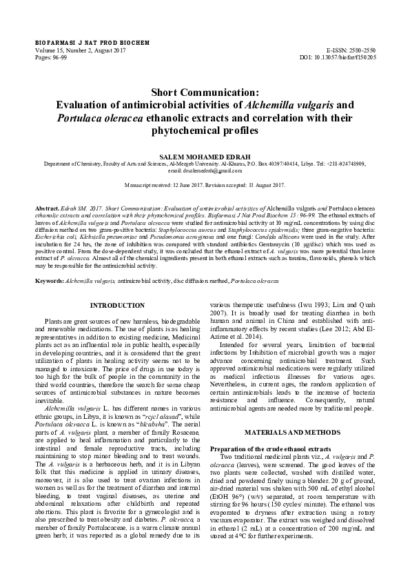 (PDF) Short Communication: Evaluation of antimicrobial activities of Alchemilla vulgaris and ...