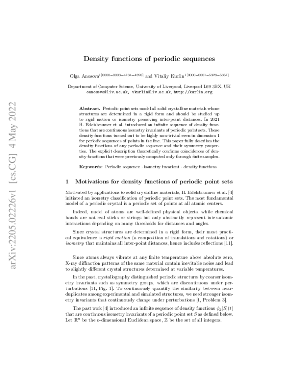 (PDF) Density functions of periodic sequences | Vitaliy Kurlin - Academia.edu