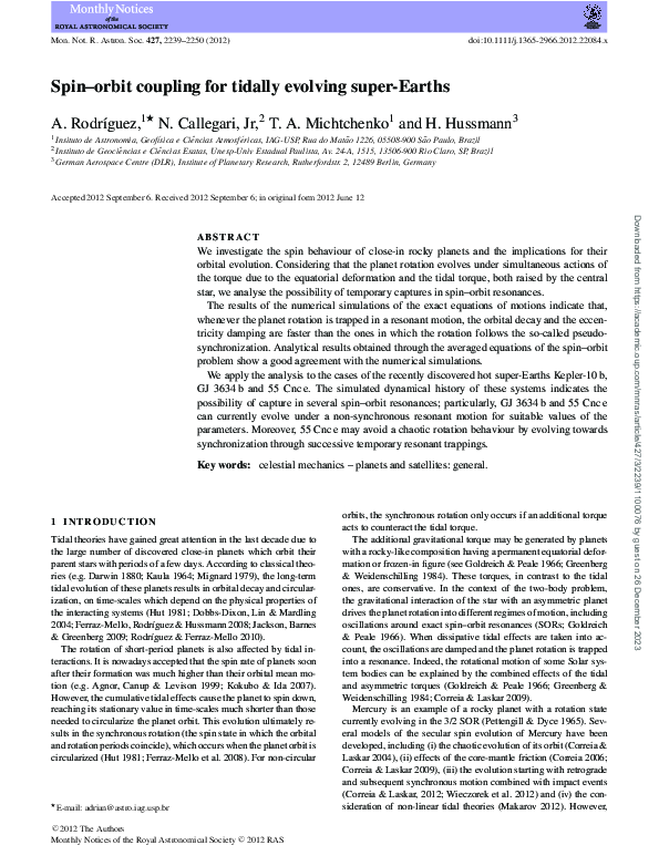 (PDF) Spin–orbit coupling for tidally evolving super-Earths