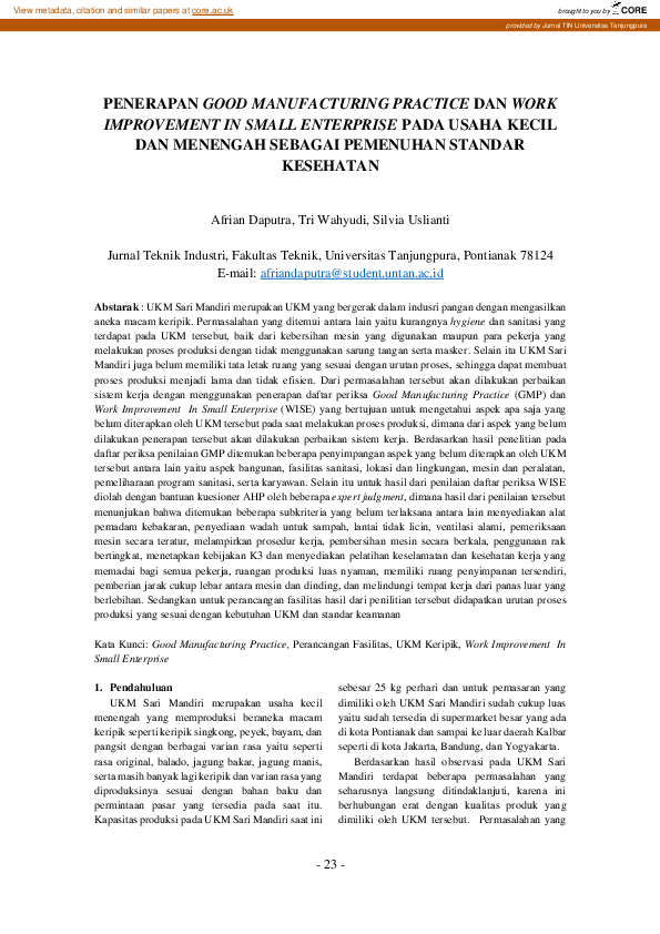 (PDF) Penerapan Good Manufacturing Practice Dan Work Improvement in ...