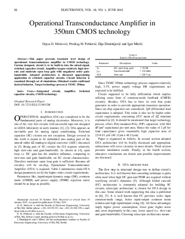 (PDF) Operational Transconductance Amplifier in 350nm CMOS technology
