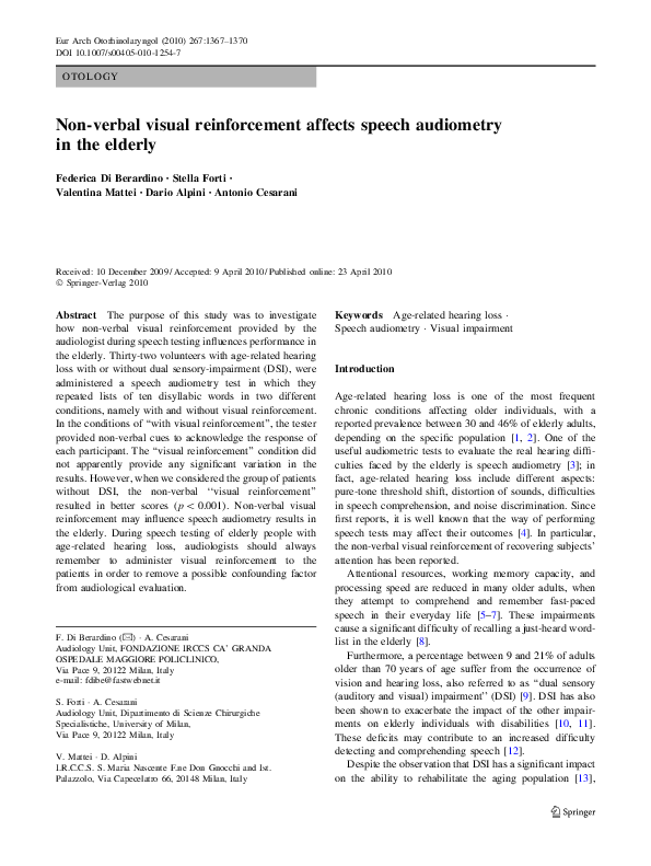 (PDF) Non-verbal visual reinforcement affects speech audiometry in the ...