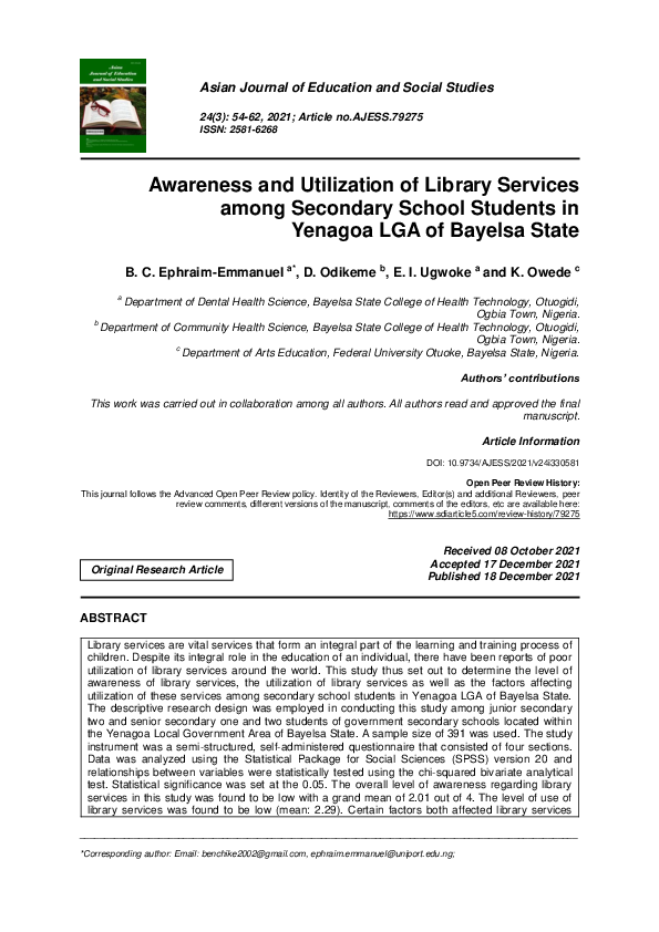 (PDF) Awareness and Utilization of Library Services among Secondary School Students in Yenagoa ...