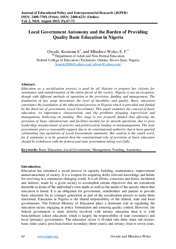 (PDF) Local Government Autonomy and the Burden of Providing Quality ...