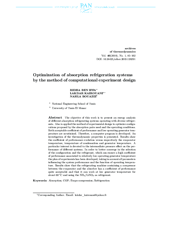(PDF) Optimization of absorption refrigeration systems by the method of computational experiment ...