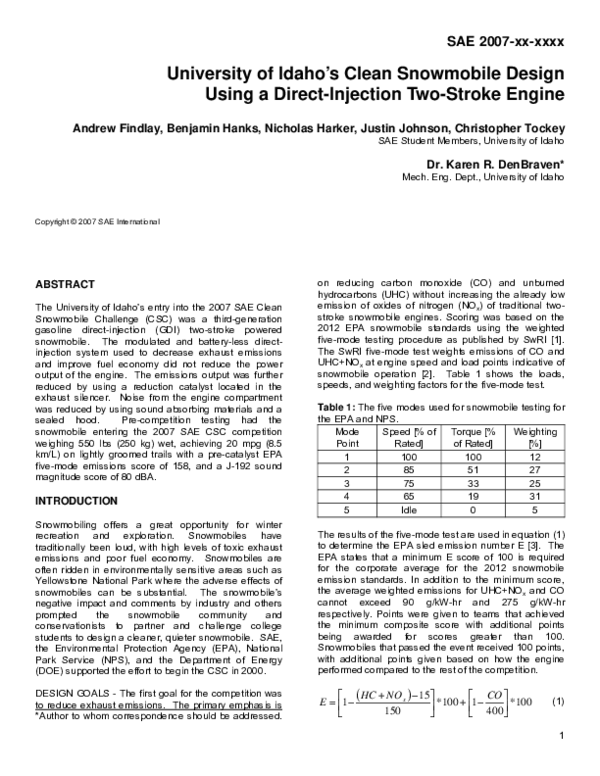 (PDF) University of Idaho's Clean Snowmobile Design Using a Direct ...