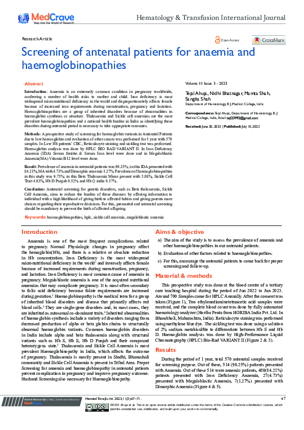 (PDF) Screening of antenatal patients for anaemia and haemoglobinopathies