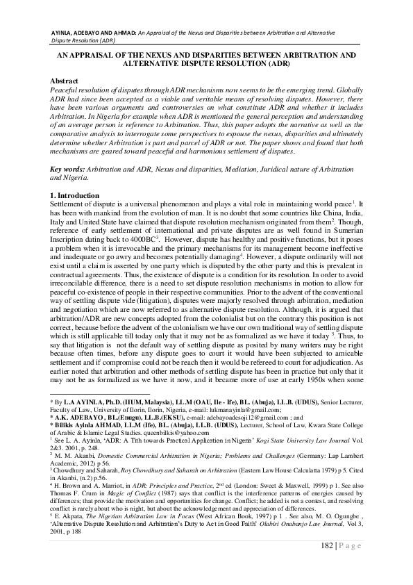 (PDF) An appraisal of the nexus and disparities between arbitration and Alternative Dispute ...