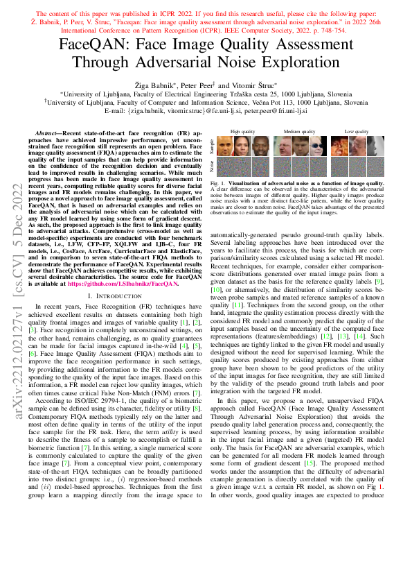 (PDF) FaceQAN: Face Image Quality Assessment Through Adversarial Noise ...