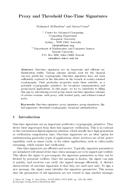 (PDF) Proxy and Threshold One-Time Signatures