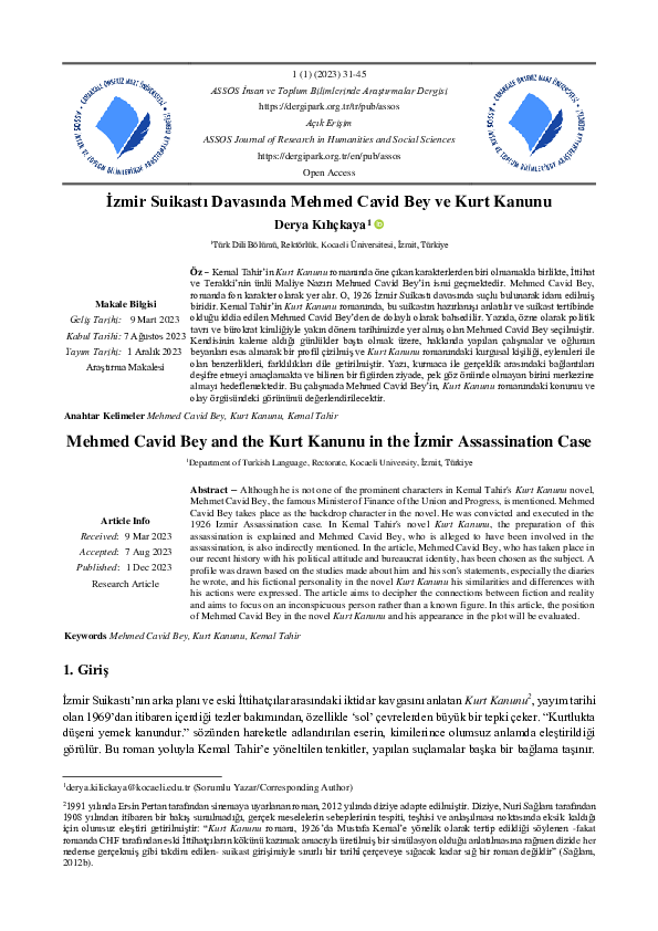 (PDF) İzmir Suikastı Davasında Mehmed Cavid Bey ve Kurt Kanunu