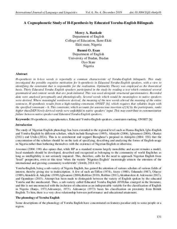 (PDF) A Cognophonetic Study of H-Epenthesis by Educated Yoruba-English ...