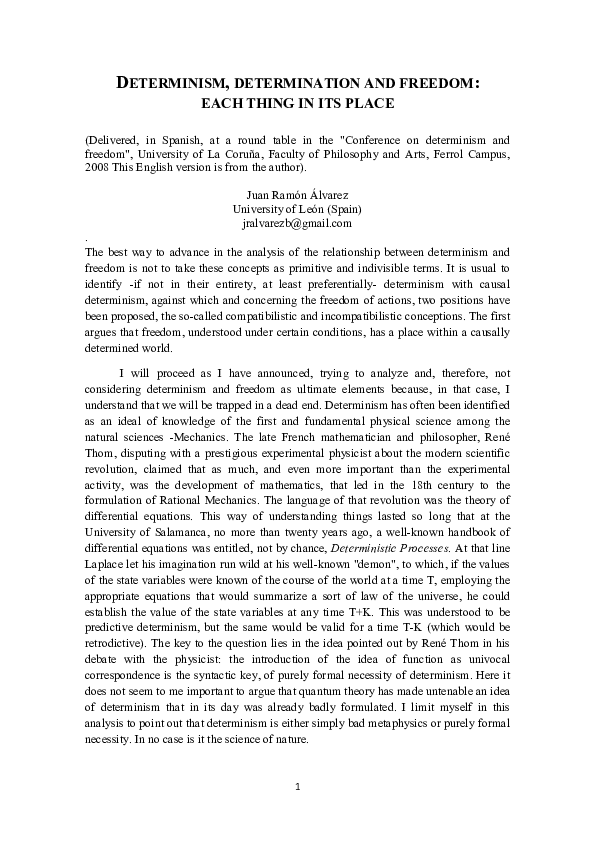 (PDF) DETERMINISM, DETERMINATION AND FREEDOM: EACH THING IN ITS PLACE