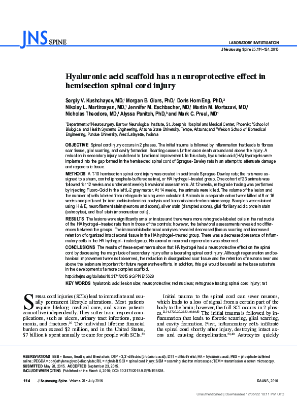 (PDF) Hyaluronic acid scaffold has a neuroprotective effect in ...