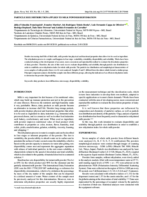 (PDF) Particle Size Distribution Applied to Milk Powder Rehydration