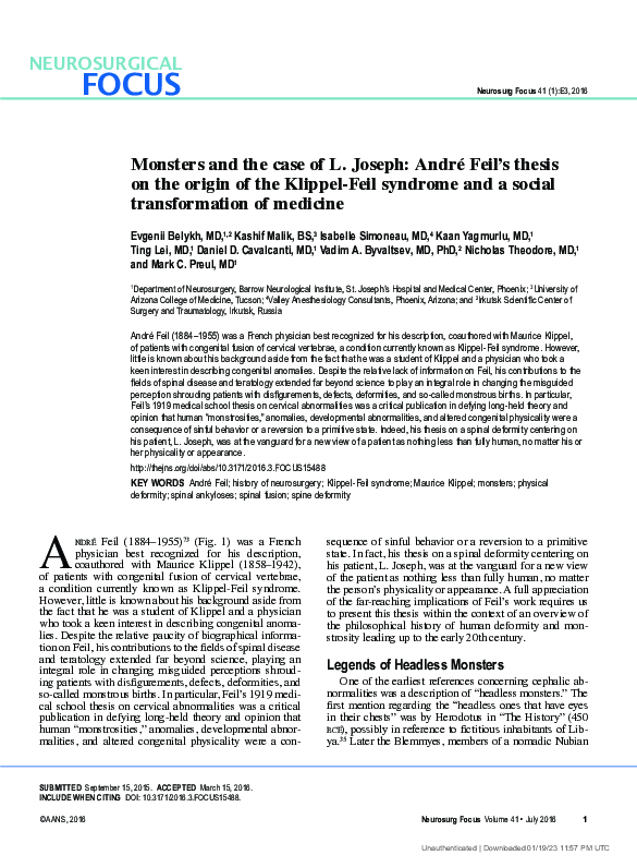 (PDF) Monsters and the case of L. Joseph: André Feil's thesis on the ...