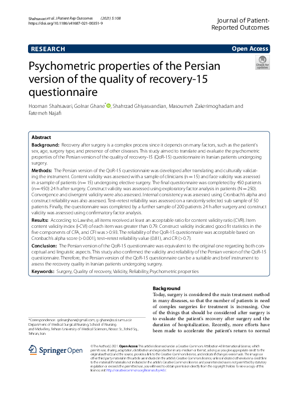 (PDF) Psychometric properties of the Persian version of the quality of recovery-15 questionnaire