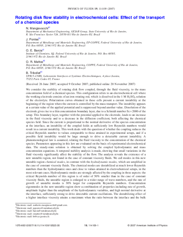 (PDF) Rotating disk flow stability in electrochemical cells: Effect of viscosity stratification