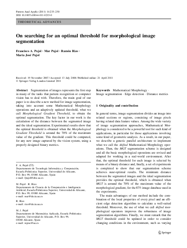(PDF) On searching for an optimal threshold for morphological image segmentation