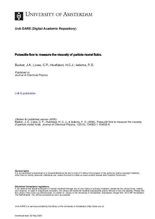 (PDF) Poiseuille flow to measure the viscosity of particle model fluids