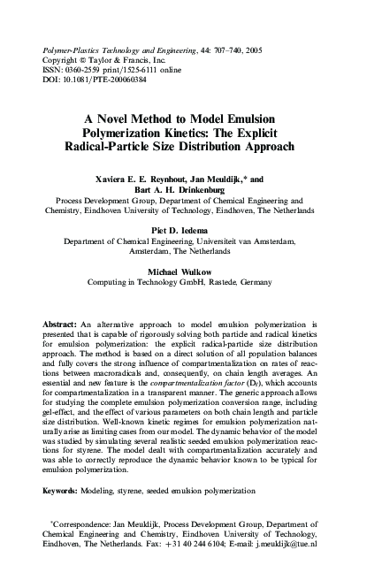 (PDF) A Novel Method to Model Emulsion Polymerization Kinetics: The ...