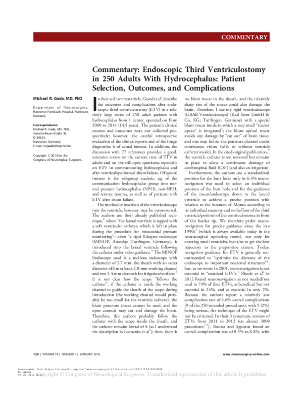 (PDF) Commentary: Endoscopic Third Ventriculostomy in 250 Adults With ...