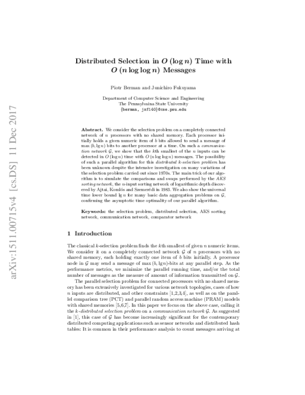 (PDF) Distributed Selection in $O ( \log n )$ Time with $O ( n \log ...