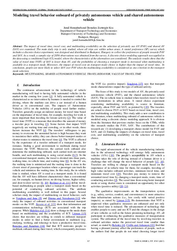 (PDF) Modeling travel behavior onboard of privately autonomous vehicle and shared autonomous vehicle
