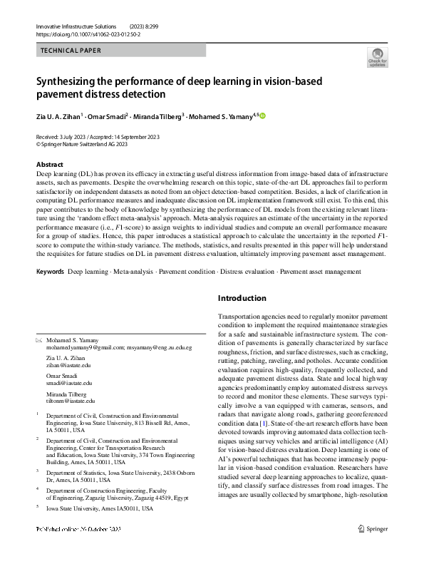 (PDF) Synthesizing the performance of deep learning in vision-based pavement distress detection