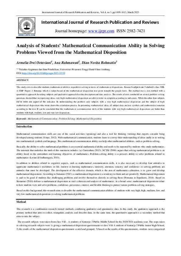 (PDF) Analysis of Students' Mathematical Communication Ability in Solving Problems Viewed from ...