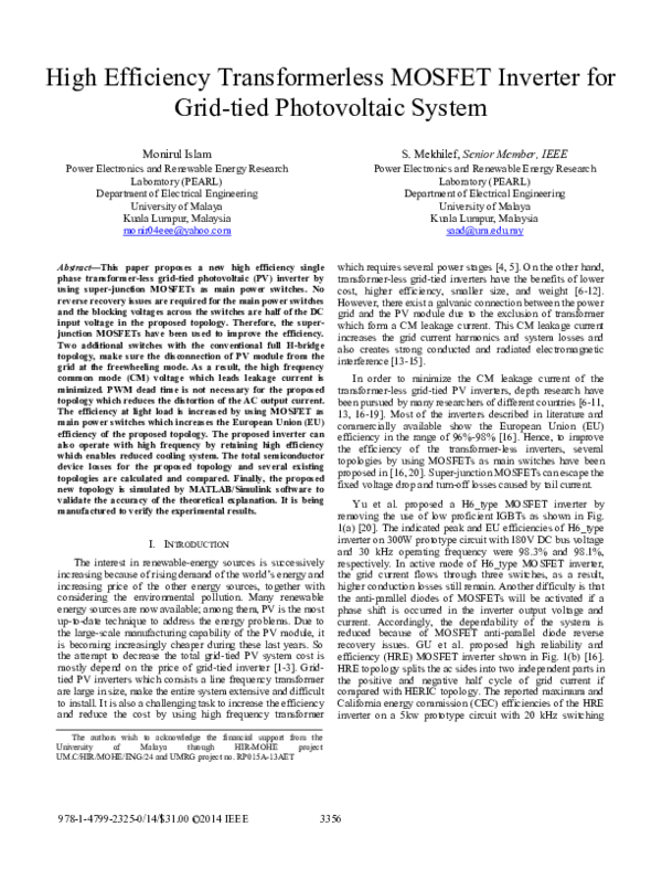 (PDF) High efficiency transformerless MOSFET inverter for grid-tied ...