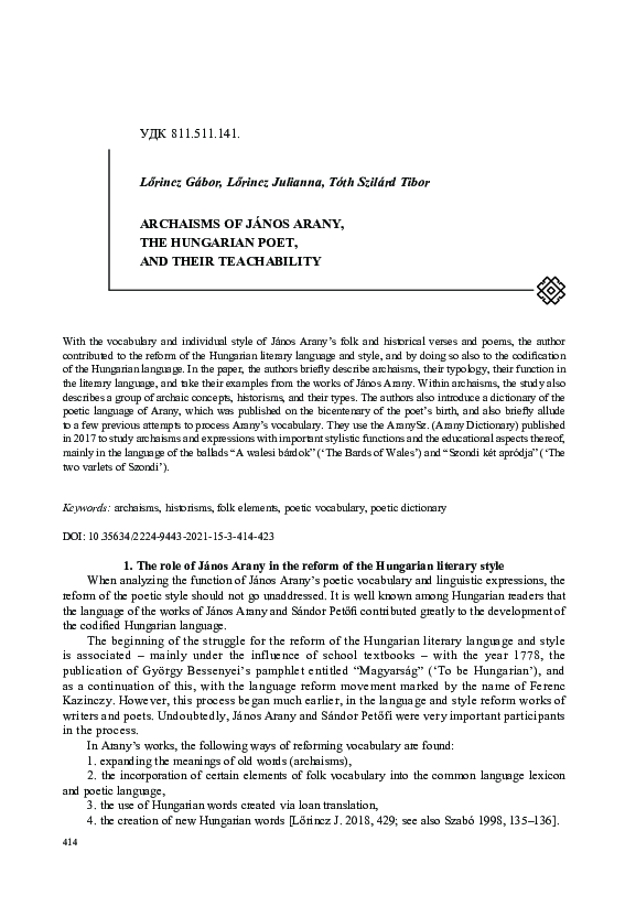 (PDF) Archaisms of János Arany, the Hungarian Poet, and Their Teachability