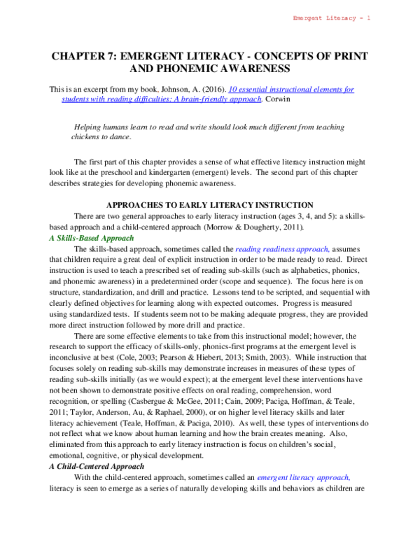 (PDF) CHAPTER 7: EMERGENT LITERACY -CONCEPTS OF PRINT AND PHONEMIC ...
