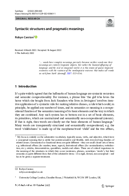 (PDF) Words: Syntactic structures and pragmatic meanings | Robyn Carston - Academia.edu