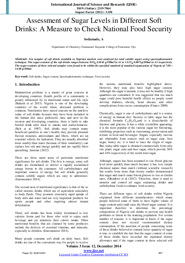 (PDF) Assessment of Sugar Levels in Different Soft Drinks: A Measure to ...