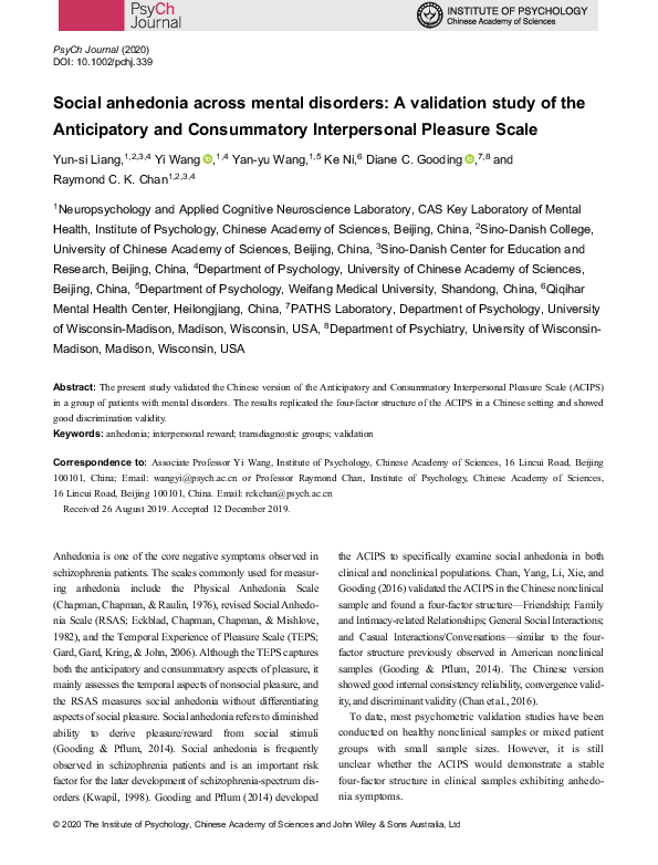 (PDF) Social anhedonia across mental disorders: A validation study of ...