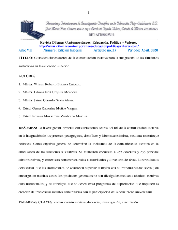 (PDF) Consideraciones acerca de la comunicación asertiva para la ...